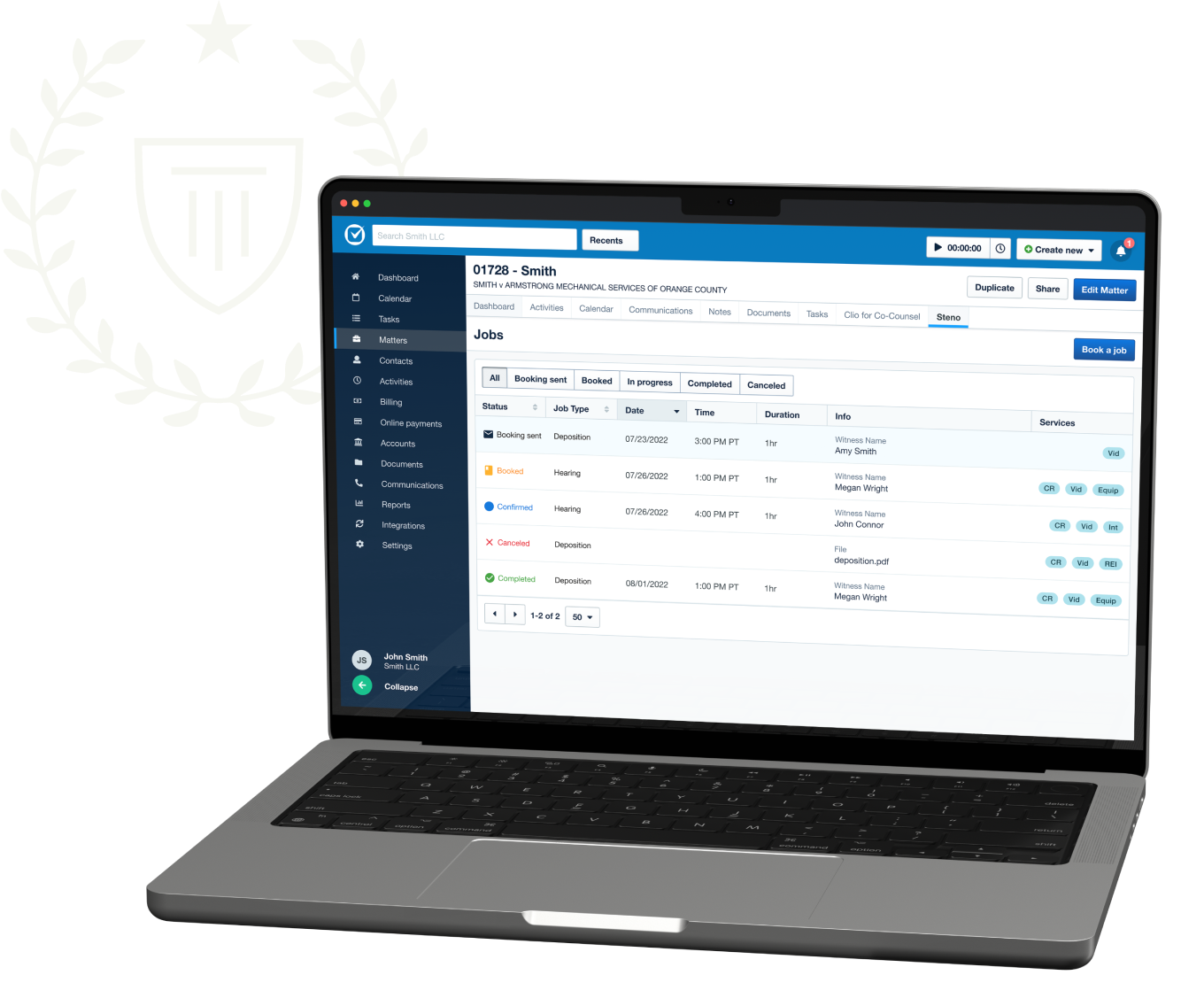 Steno's Clio Integration | Easily book court reporting services