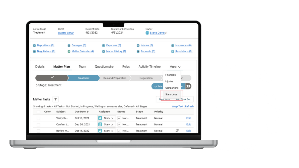 Steno's Litify Integration | Easily book court reporting services